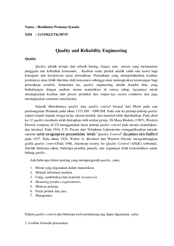 (DOC) Quality and Reliability Engineering