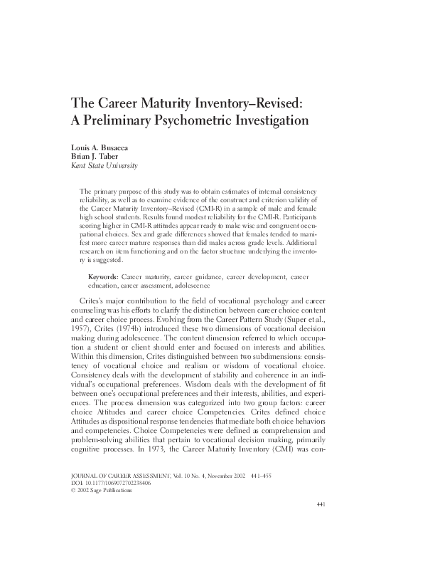 (PDF) The Career Maturity Inventory-Revised: A Preliminary Psychometric ...