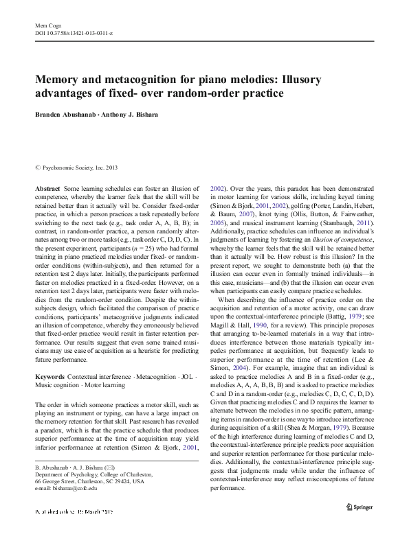 (PDF) Memory and metacognition for piano melodies: Illusory advantages of fixed- over random ...