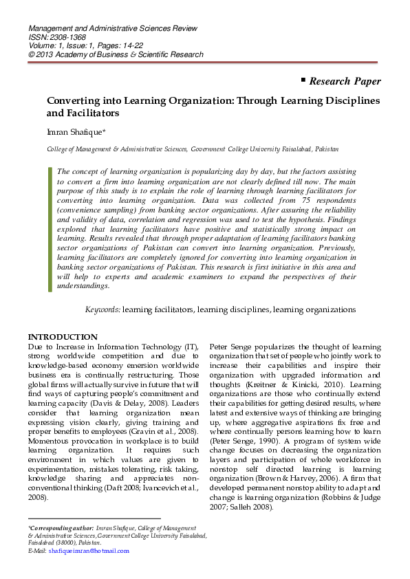 (PDF) Converting into Learning Organization: Through Learning Disciplines and Facilitators