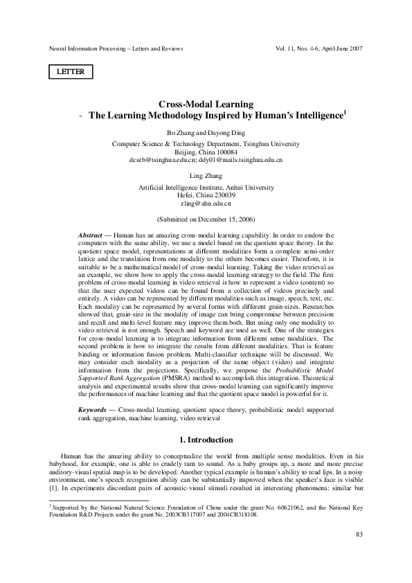(PDF) Cross-Modal Learning - The Learning Methodology Inspired by Human's Intelligence1