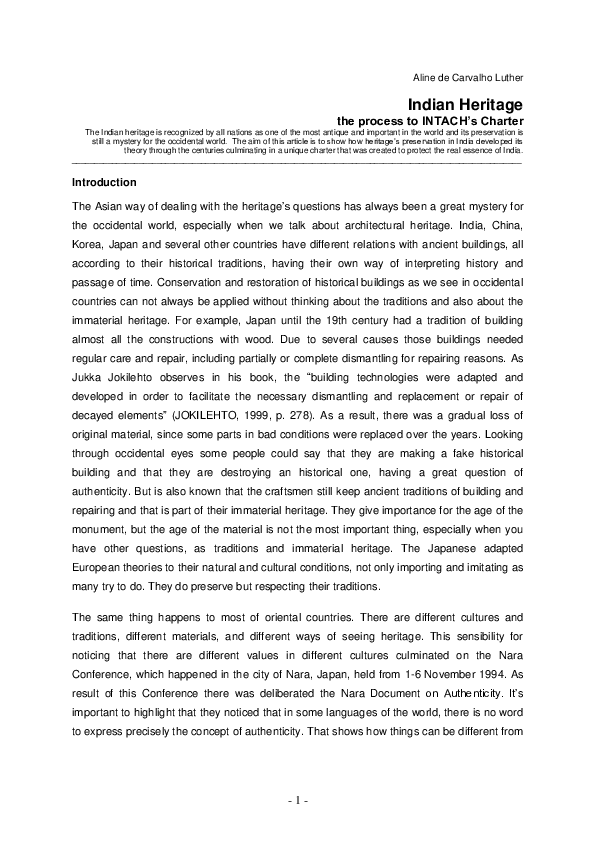 (PDF) Indian Heritage: the Process to INTACH's Charter