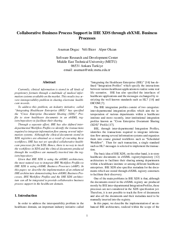 (PDF) Collaborative Business Process Support in IHE XDS through ebXML Business Processes