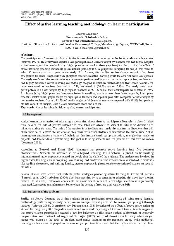 (PDF) Effect of Active Learning Teaching Method on Learner Participation