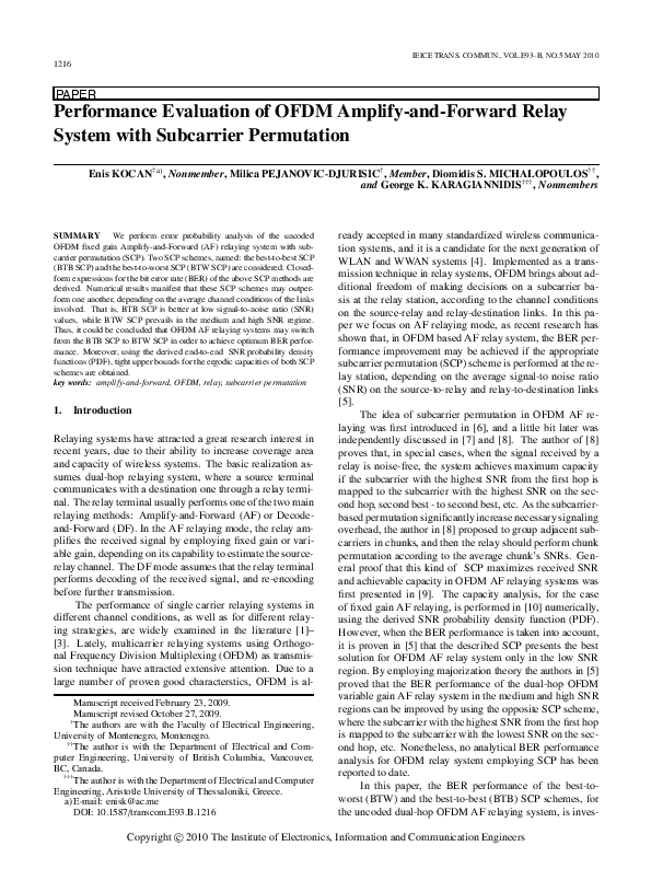 (PDF) Performance evaluation of OFDM Amplify-and-Forward Relay System with Subcarrier Permutation