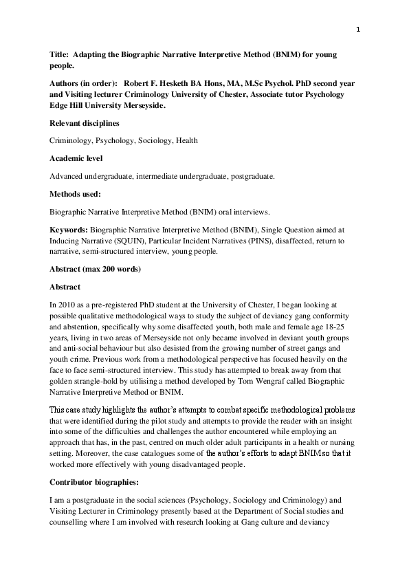 (DOC) Hesketh, R. (2014) Adapting the Biographic Narrative Interpretive Method (BNIM) for young ...