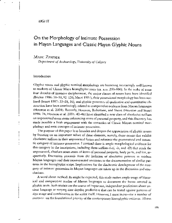 On the Morphology of Intimate Possession in Mayan Languages and Classic ...