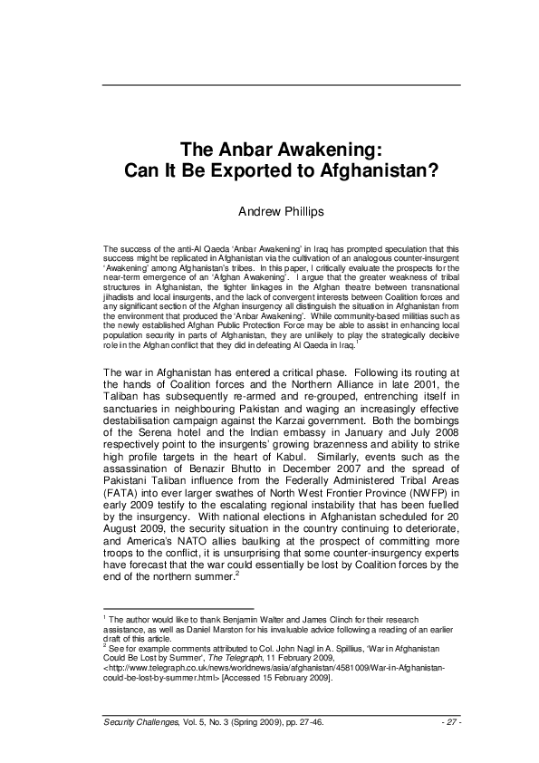 (PDF) The Anbar Awakening: Can it be exported to Afghanistan?