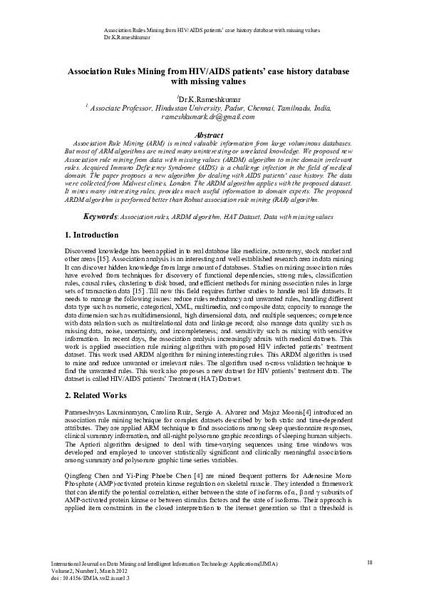 (PDF) Association Rules Mining from HIV/AIDS patients’ case history database with missing values