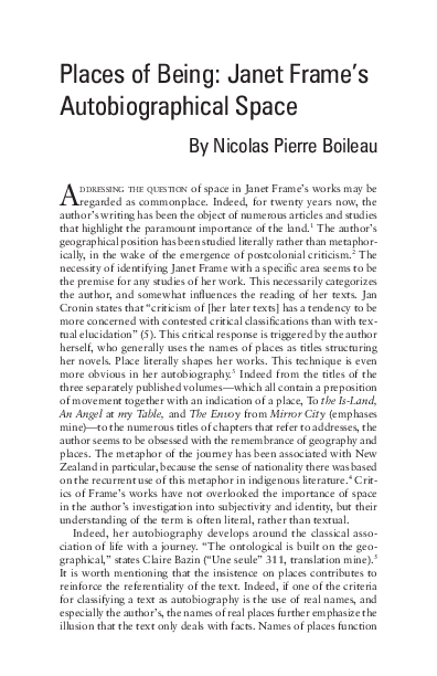 (PDF) Places of Being : Janet Frame's Auto/biography