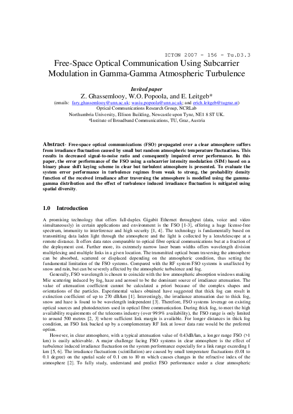 (PDF) Free-Space Optical Communication Using Subcarrier Modulation In Gamma-Gamma Atmospheric ...