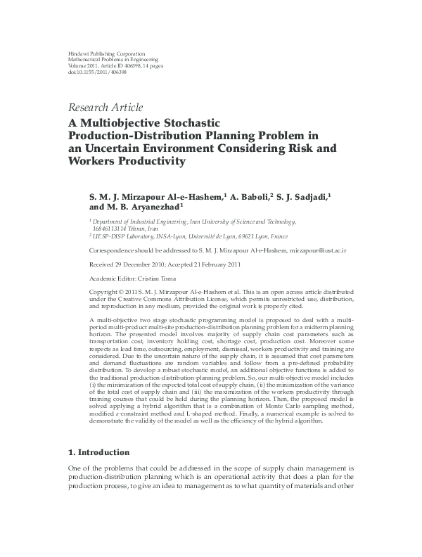 Pdf A Multiobjective Stochastic Production Distribution Planning