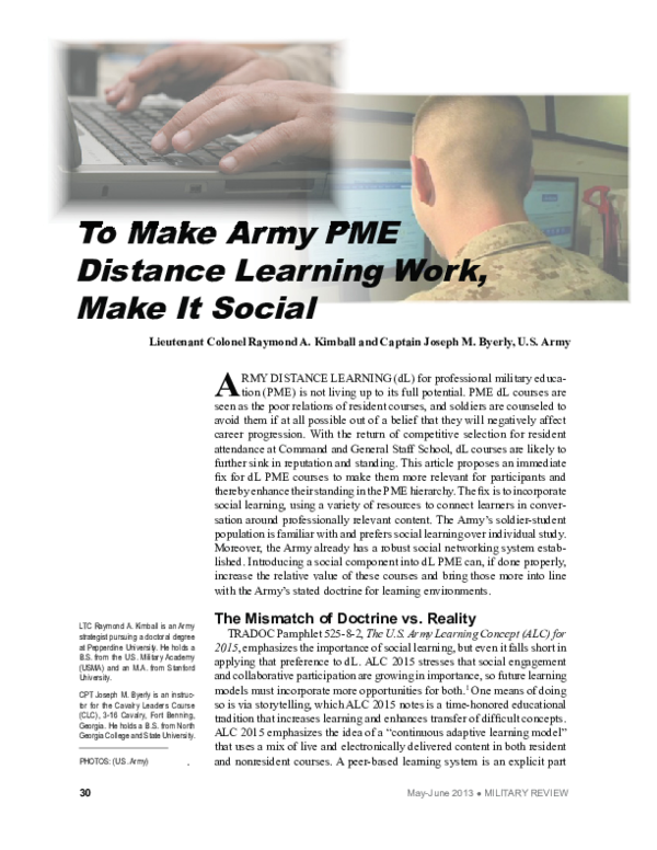 (PDF) To Make Army PME Distance Learning Work, Make It Social