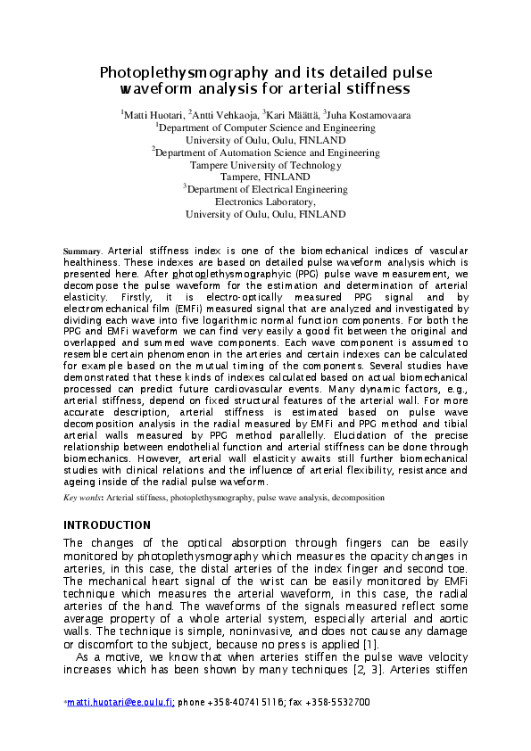 (PDF) Photoplethysmography and its detailed pulse waveform analysis for arterial stiffness