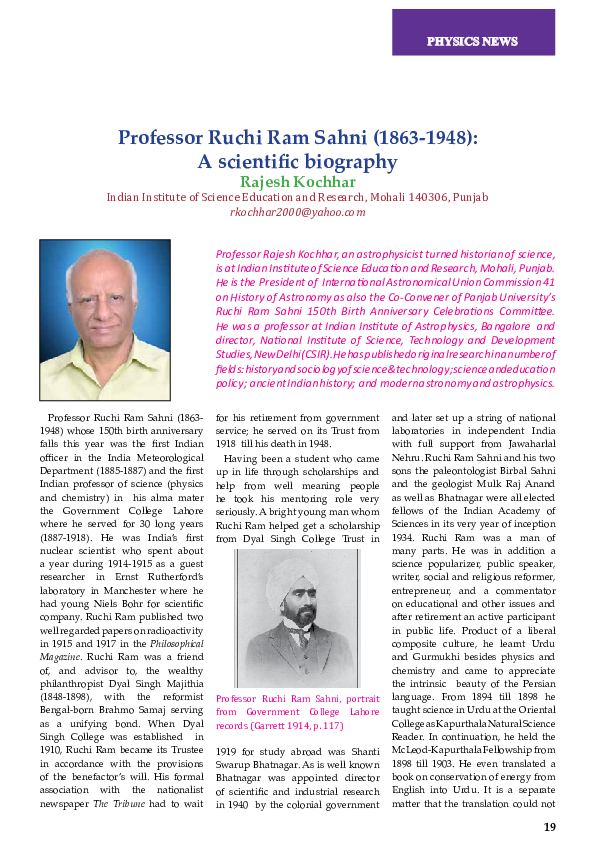 (PDF) Professor Ruchi Ram Sahni (1863-1948): A scientific biography