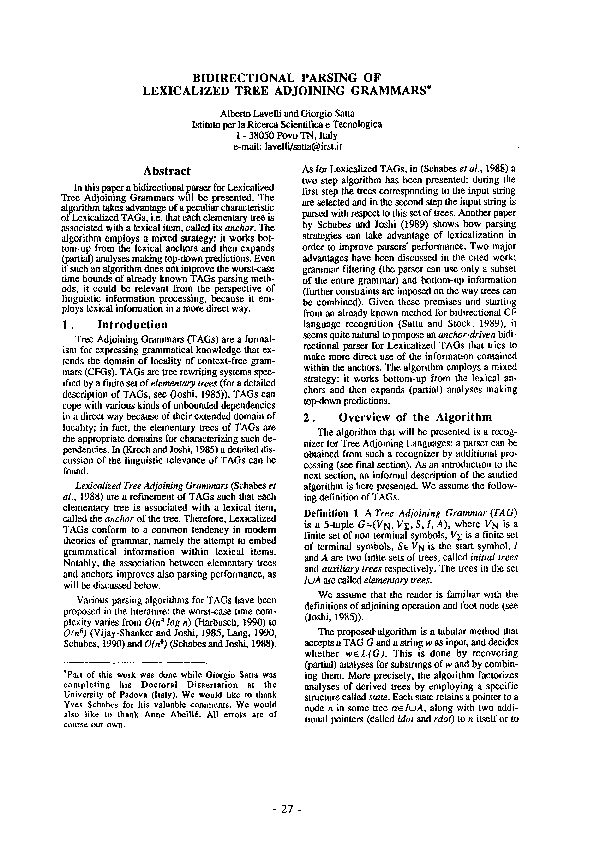 Pdf Bidirectional Parsing Of Lexicalized Tree Adjoining Grammars Alberto Lavelli