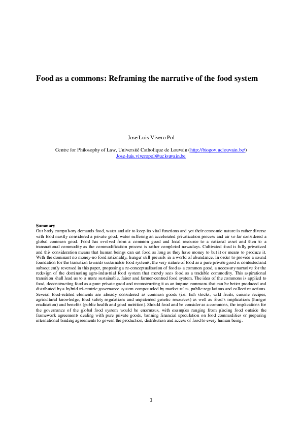 (PDF) Food as a commons: Reframing the narrative of the food system