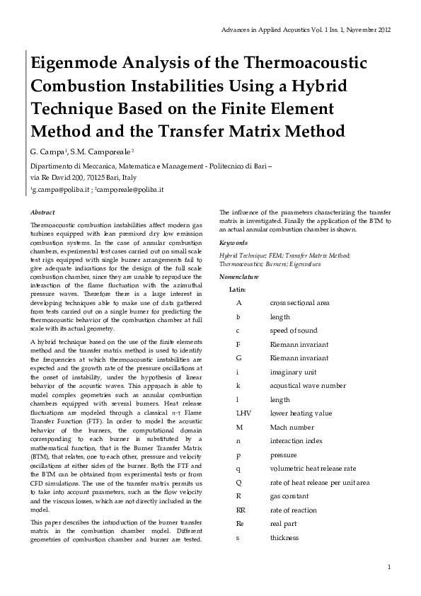 (PDF) Eigenmode Analysis of the Thermoacoustic Combustion Instabilities Using a Hybrid Technique ...
