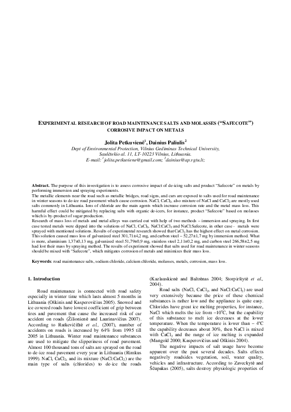 (PDF) Experimental research of road maintenance salts and molasses ...