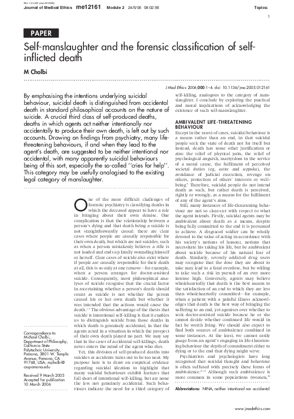 (PDF) Self-manslaughter and the forensic classification of self ...