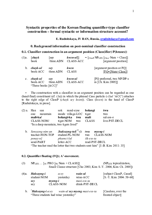 Pdf Syntactic Properties Of The Korean Floating Quantifier Type