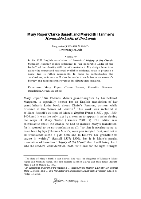 (PDF) Mary Roper Clarke Bassett and Meredith Hanmer's Honorable Ladie ...