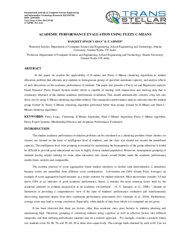 (PDF) ACADEMIC PERFORMANCE EVALUATION USING FUZZY C-MEANS