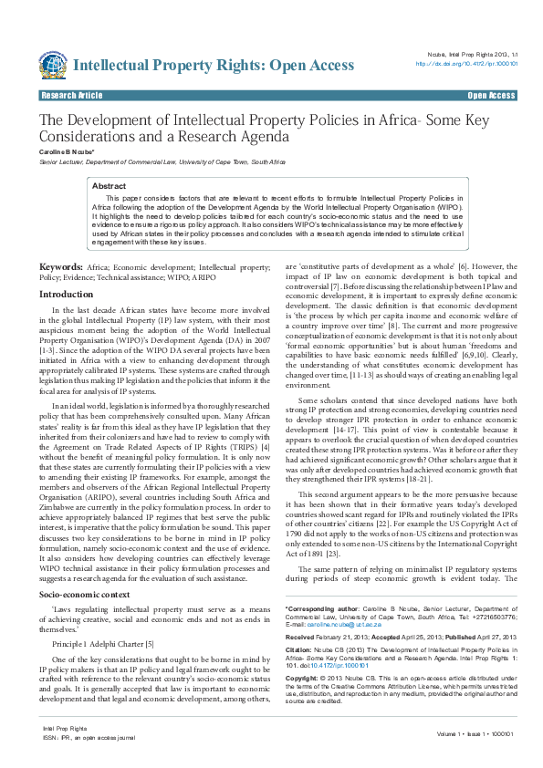(PDF) The Development of Intellectual Property Policies in Africa- Some ...