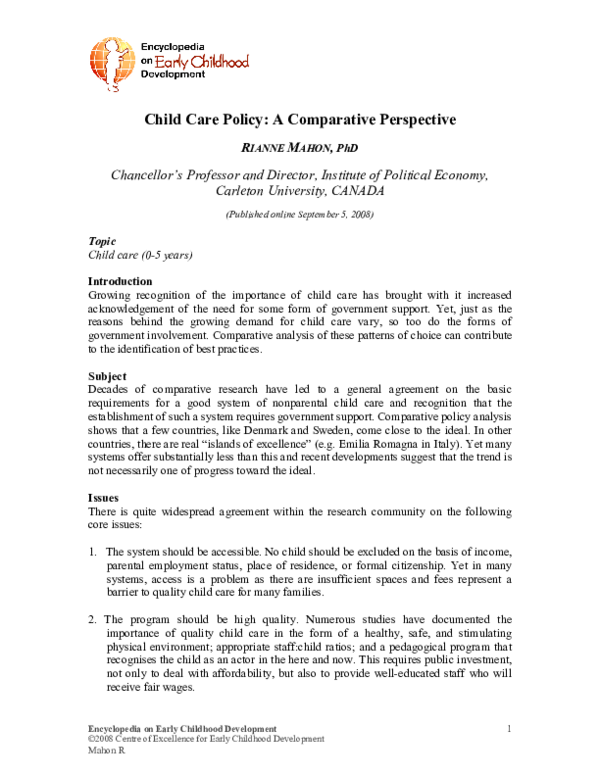 (PDF) Child Care Policy: A Comparative Perspective
