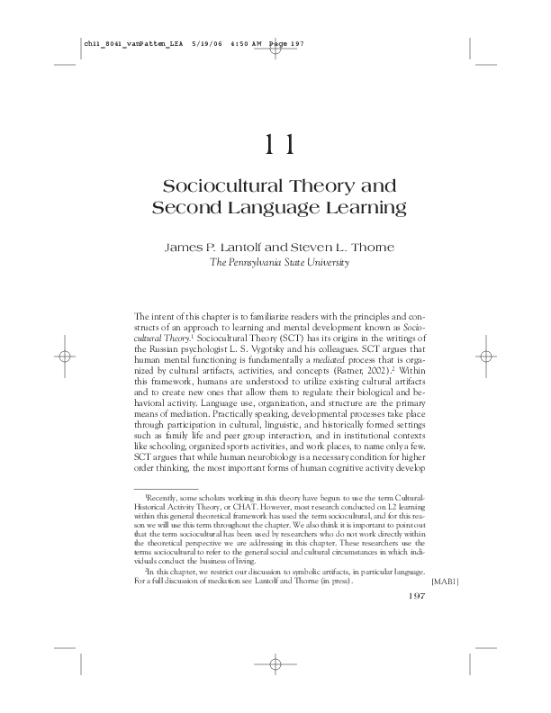 (PDF) Lantolf, J. & Thorne, S. L. (2007). Sociocultural Theory and Second Language Learning. In ...