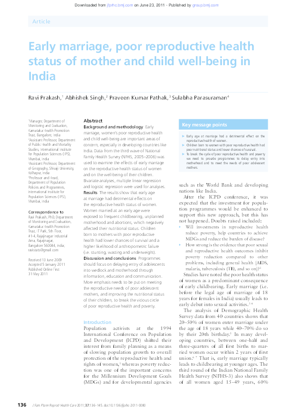 (PDF) Early marriage, poor reproductive health status of mother and ...