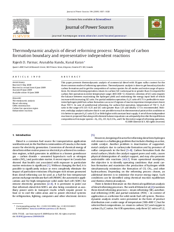 (PDF) Thermodynamic analysis of diesel reforming process: Mapping of ...