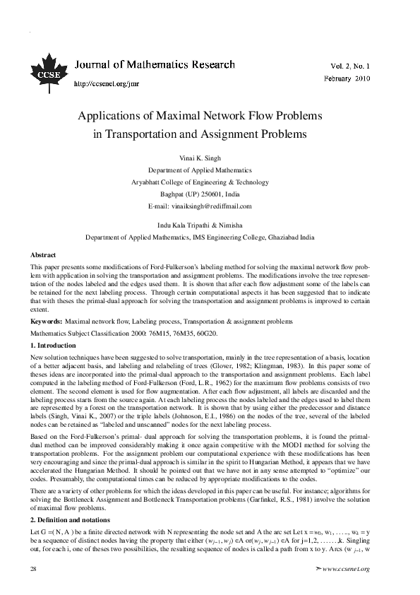 Pdf Applications Of Maximal Network Flow Problems In Transportation And Assignment Problems
