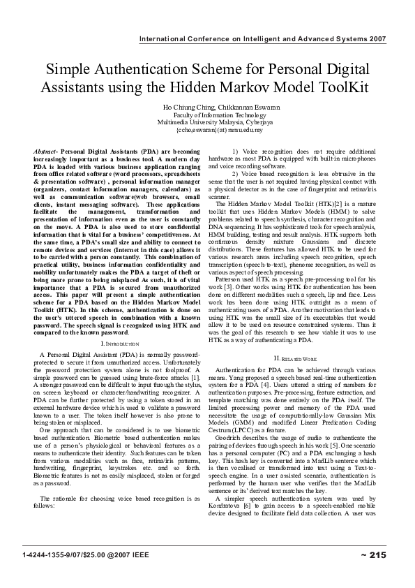 (PDF) Simple authentication scheme for Personal Digital Assistants using the Hidden Markov Model ...
