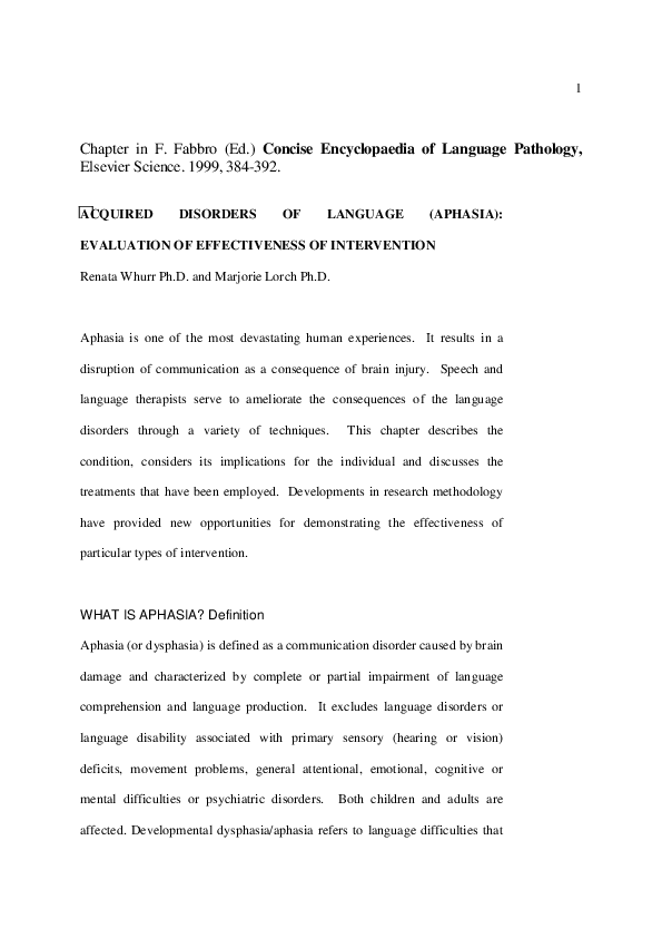 ACQUIRED DISORDERS OF LANGUAGE (APHASIA): EVALUATION OF EFFECTIVENESS ...