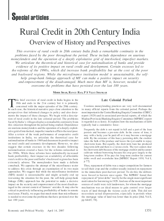 (PDF) Rural Credit in 20th Century India