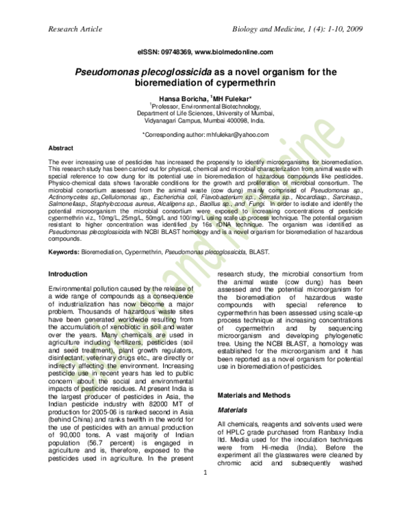 (PDF) Pseudomonas plecoglossicida as novel organism for bioremediation ...