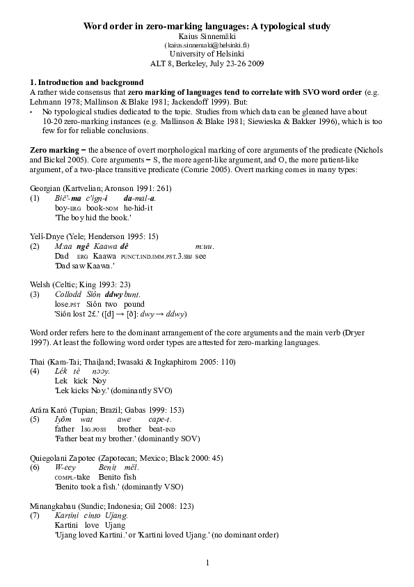 (PDF) Word order in zero-marking languages: A typological study
