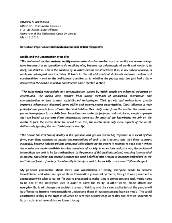 (PDF) Reflection Paper for Multimedia in a cultural Critical ...