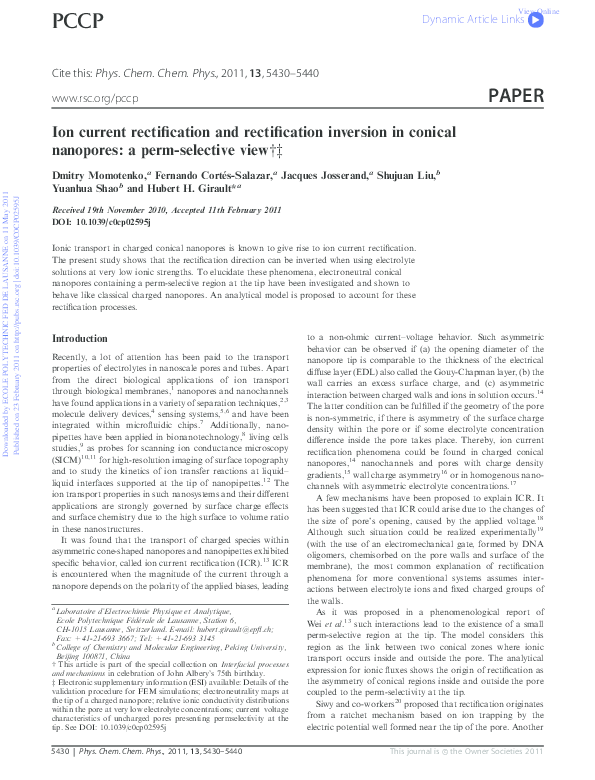 Pdf Ion Current Rectification And Rectification Inversion In Conical Nanopores A Perm