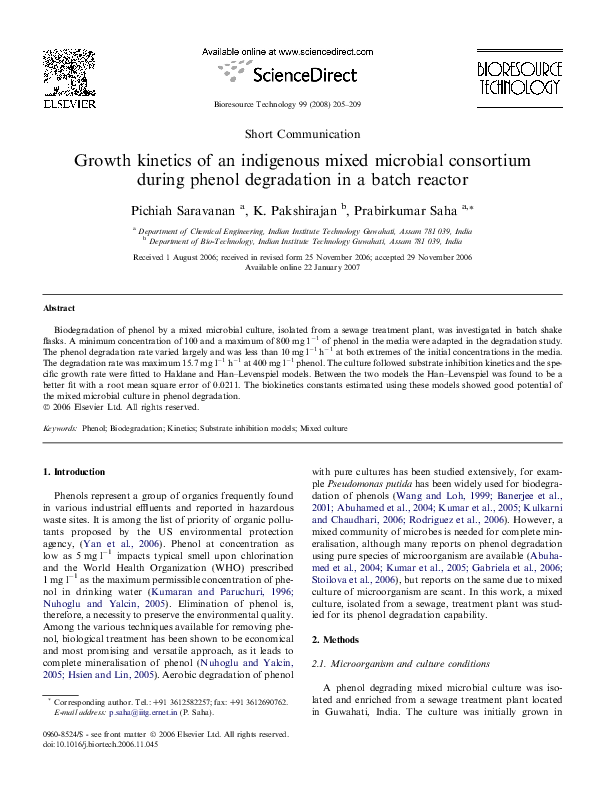 (PDF) Growth kinetics of an indigenous mixed microbial consortium during phenol degradation in a ...