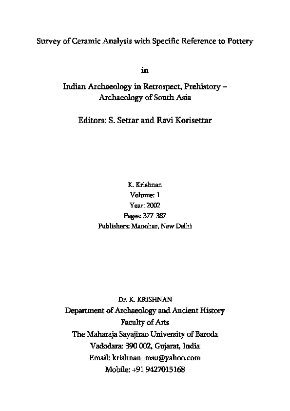 (PDF) A Survey of Ceramic Analysis with Special Reference to Pottery