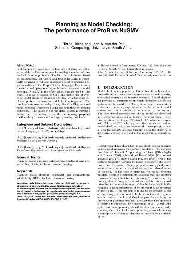 (PDF) Planning as model checking: the performance of ProB vs NuSMV