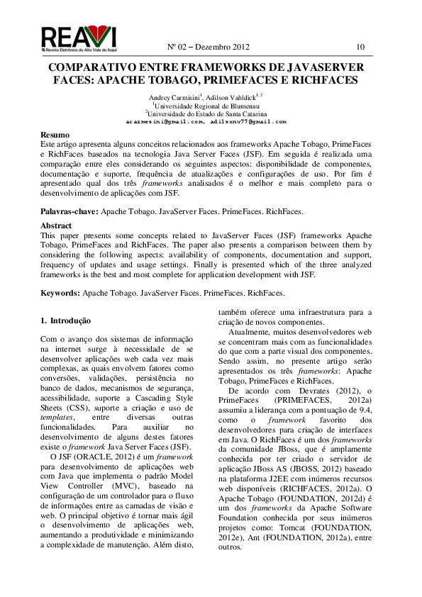 (PDF) COMPARATIVO ENTRE FRAMEWORKS DE JAVA SERVER FACES : APACHE TOBAGO, PRIMEFACES E RICHFACES
