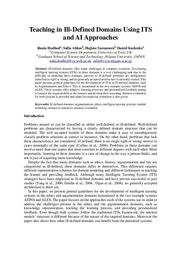 (PDF) Teaching in Ill-Defined Domains using ITS and AI approaches