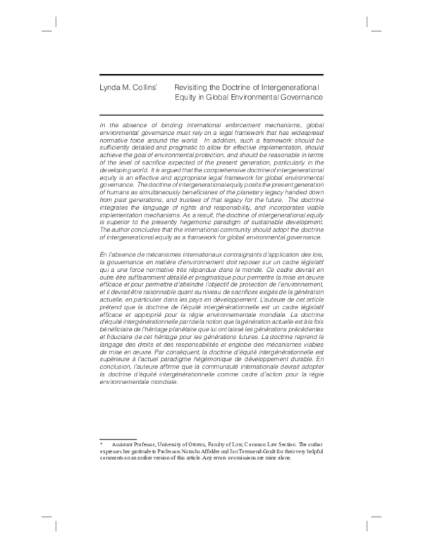 (PDF) Intergenerational Equity in Global Environmental Governance