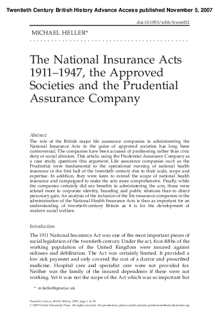 (PDF) The National Insurance Acts 1911-47, the Approved Societies and ...
