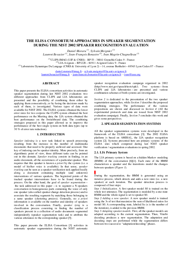 (PDF) THE ELISA CONSORTIUM APPROACHES IN SPEAKER SEGMENTATION DURING THE NIST 2002 SPEAKER ...