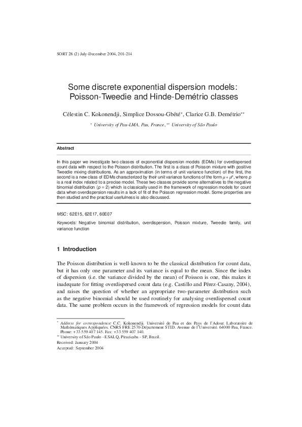 (PDF) Some discrete exponential dispersion models: Poisson-Tweedie and Hinde-Demétrio classes