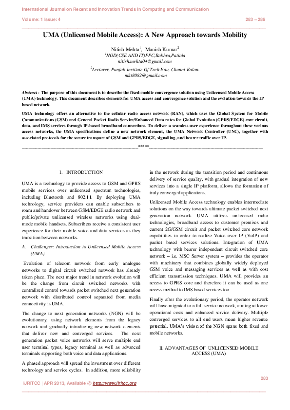 (PDF) UMA (Unlicensed Mobile Access): A New Approach towards Mobility